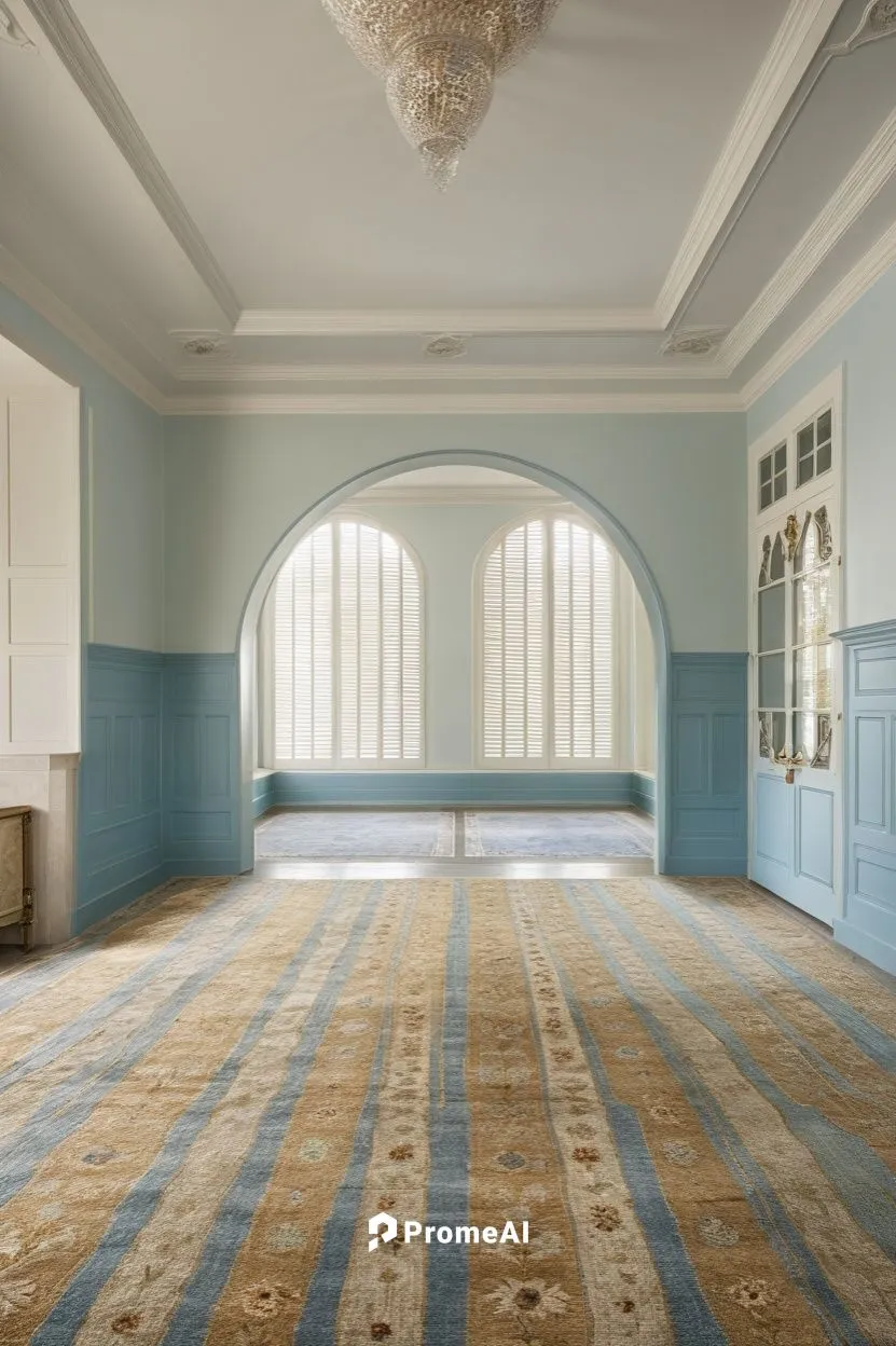 a very large room with a striped rug