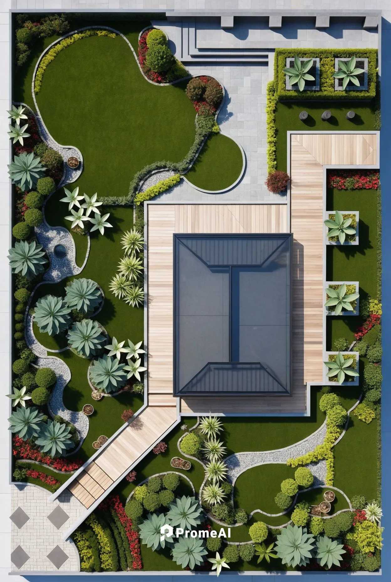 a plan of a backyard that shows landscaping and trees