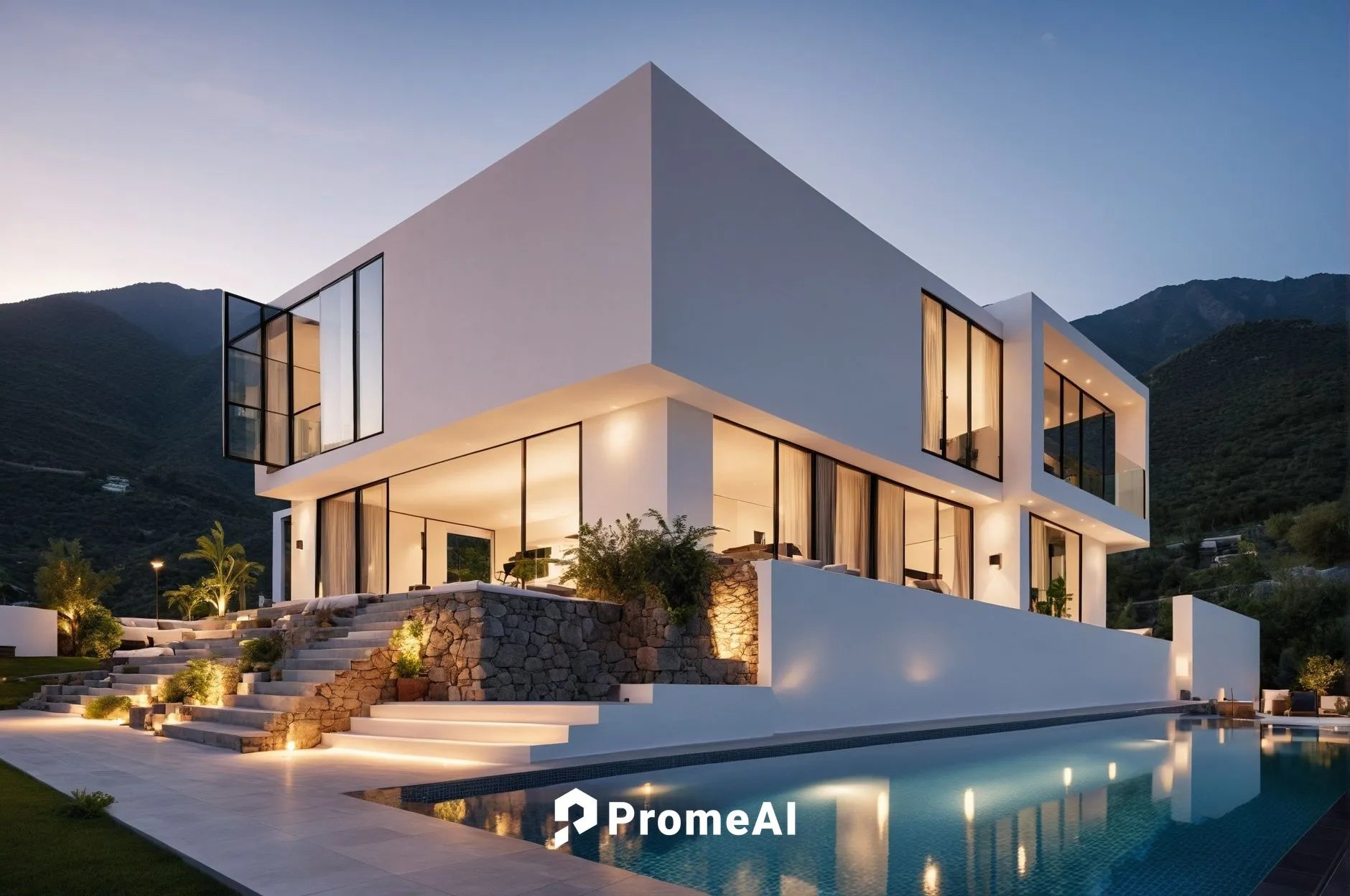 a very elegant house with a pool in front