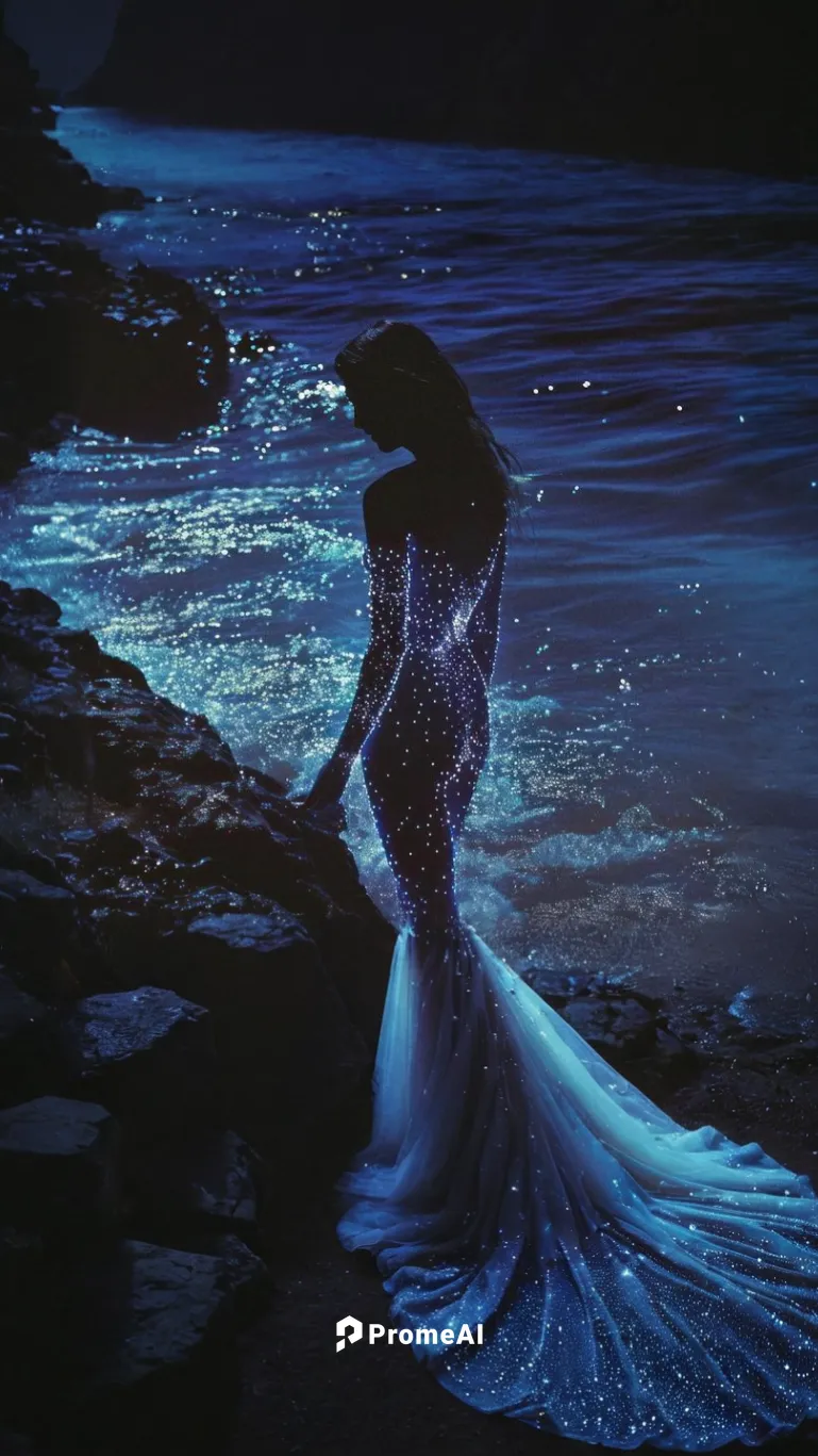 Outpainting of stardust covered fishtail dress, sparkling , moody ...