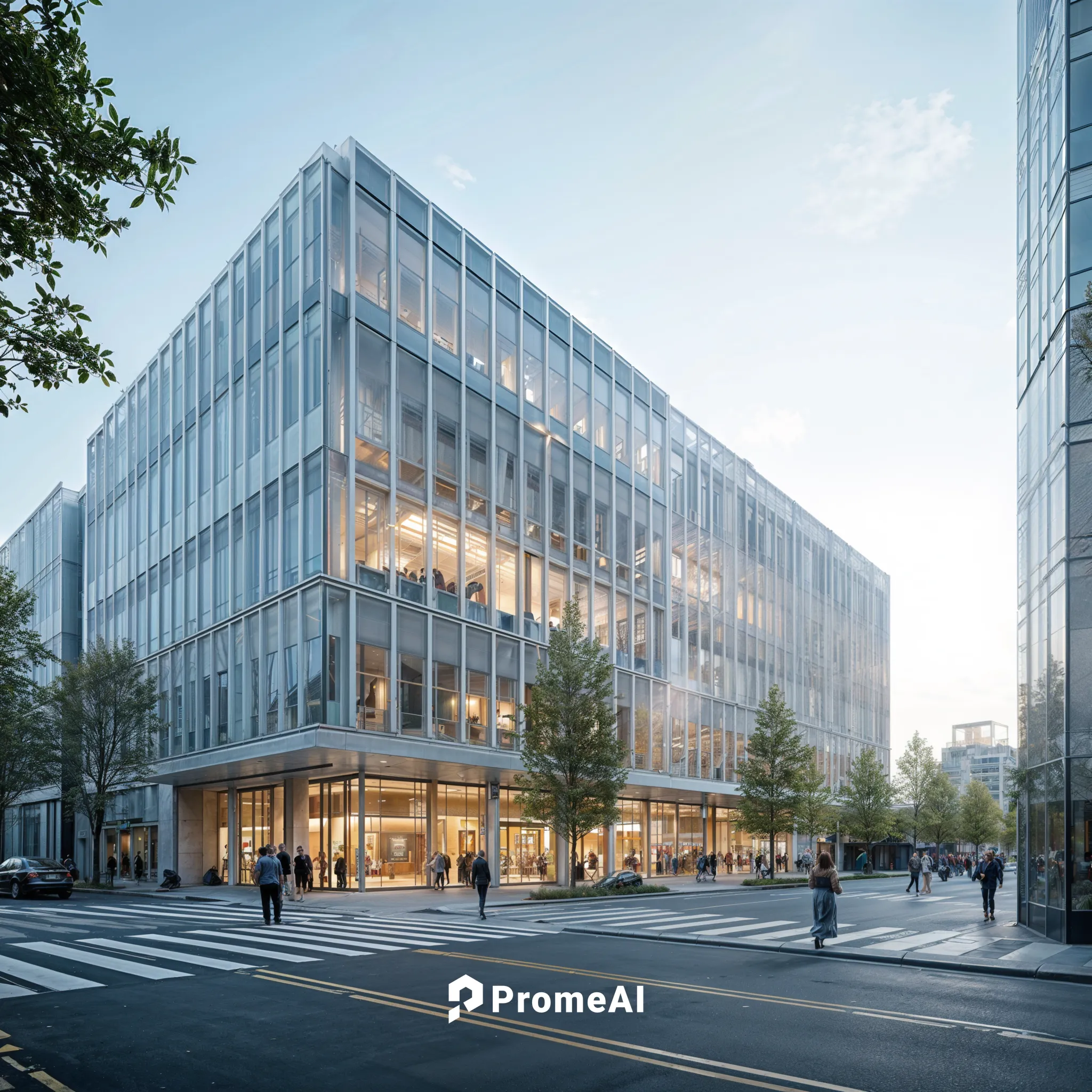 some people are walking and sitting in front of a glass building