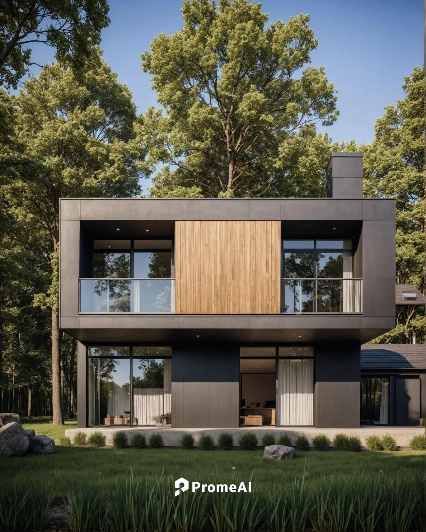 a modern house is seen in the foreground