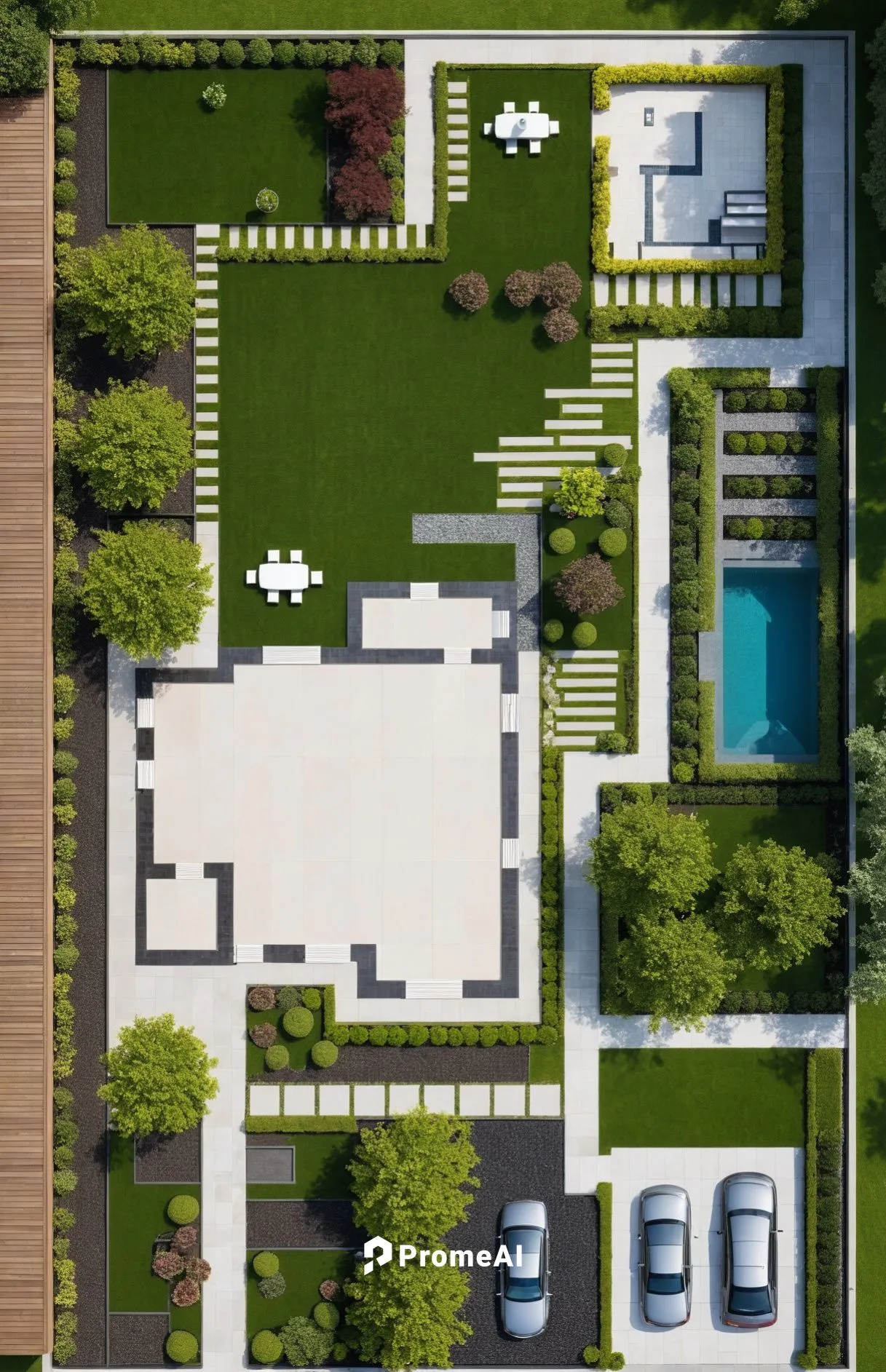 a square house and some cars in the yard