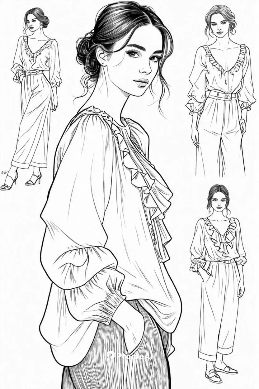 an ink drawing of a girl wearing a long sleeve dress