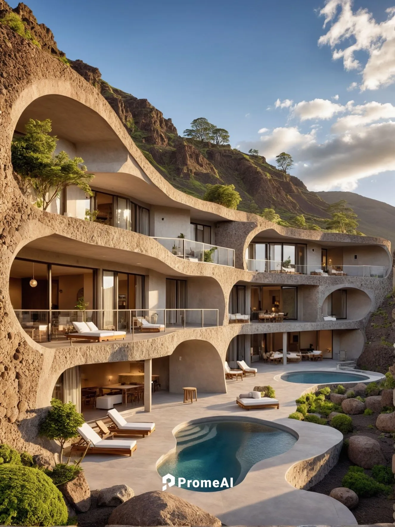 this is an unusual building with a large pool